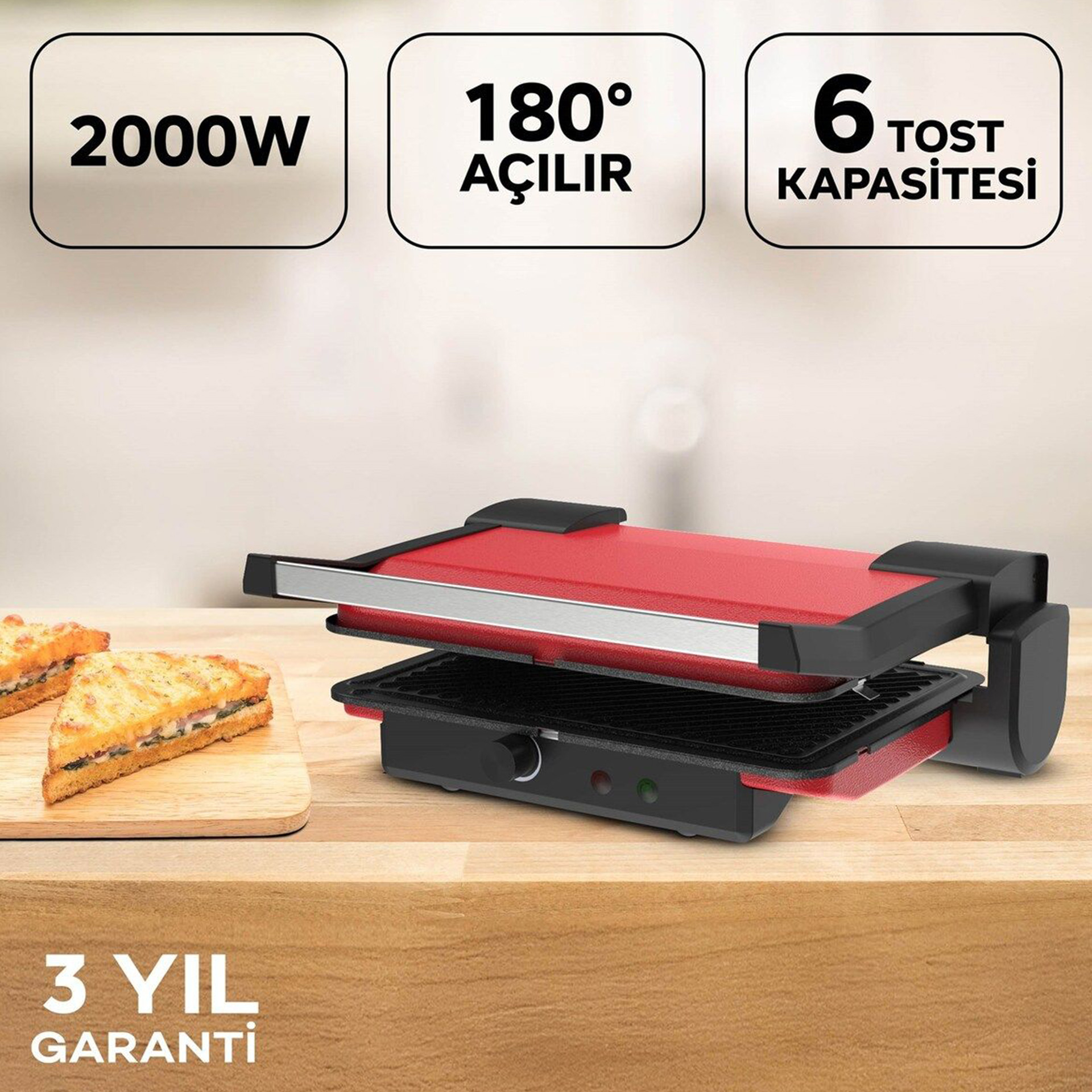 King K469 Arte Plus Izgara Ve Tost Makinesi Kırmızı