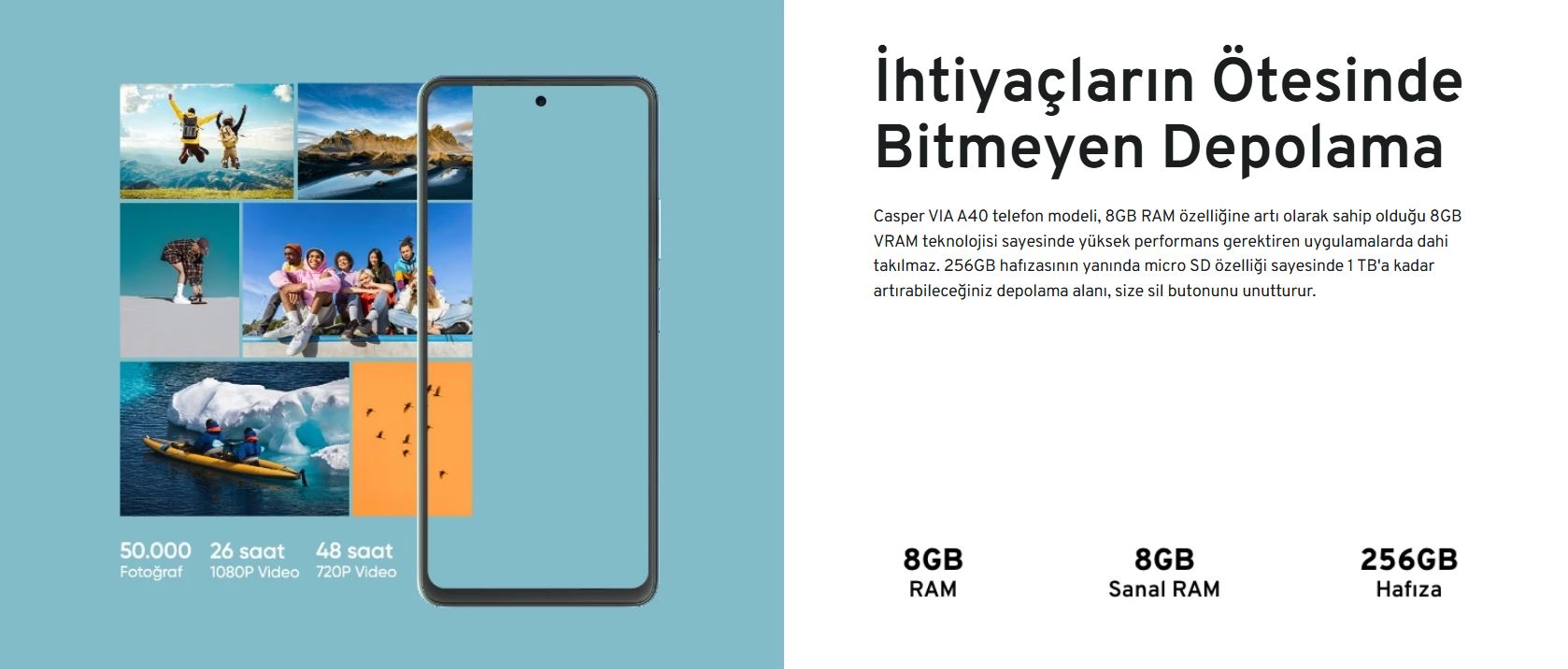Casper Via A40 8+8/256GB Gece Mavi Akıllı Telefon