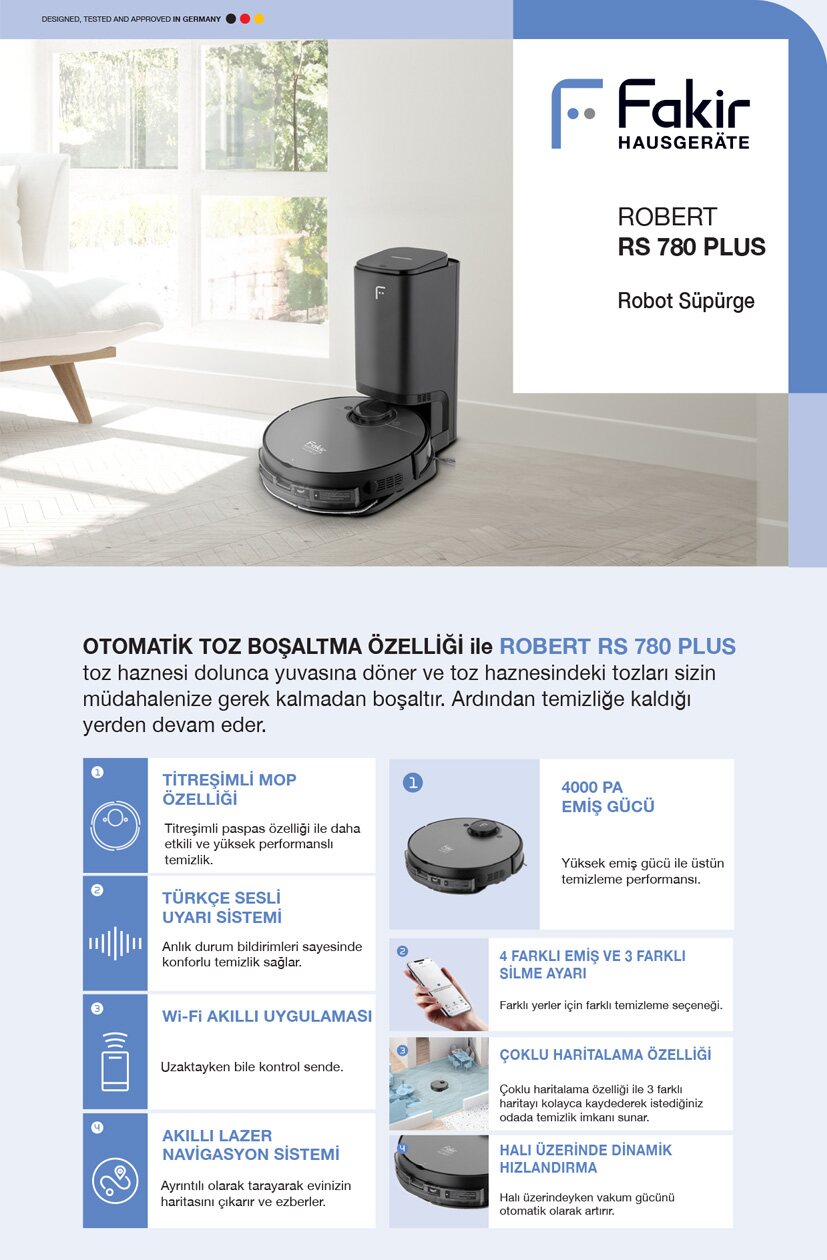 Fakir Robert RS 780 Plus Çöp İstasyonlu Akıllı Robot Süpürge